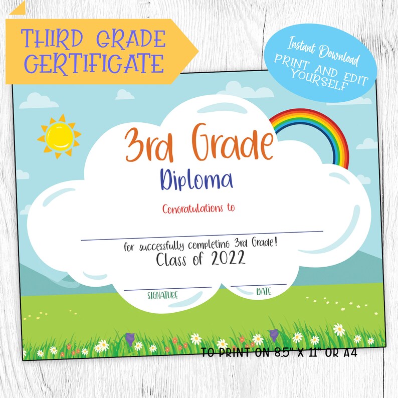 2022 Printable DIY Third Grade Certificate Diploma, Instant Download ...