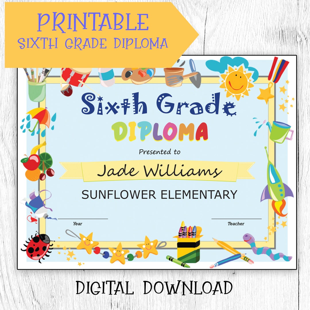 Sixth Grade Diploma Printable & Editable DIY Certificate Diploma ...