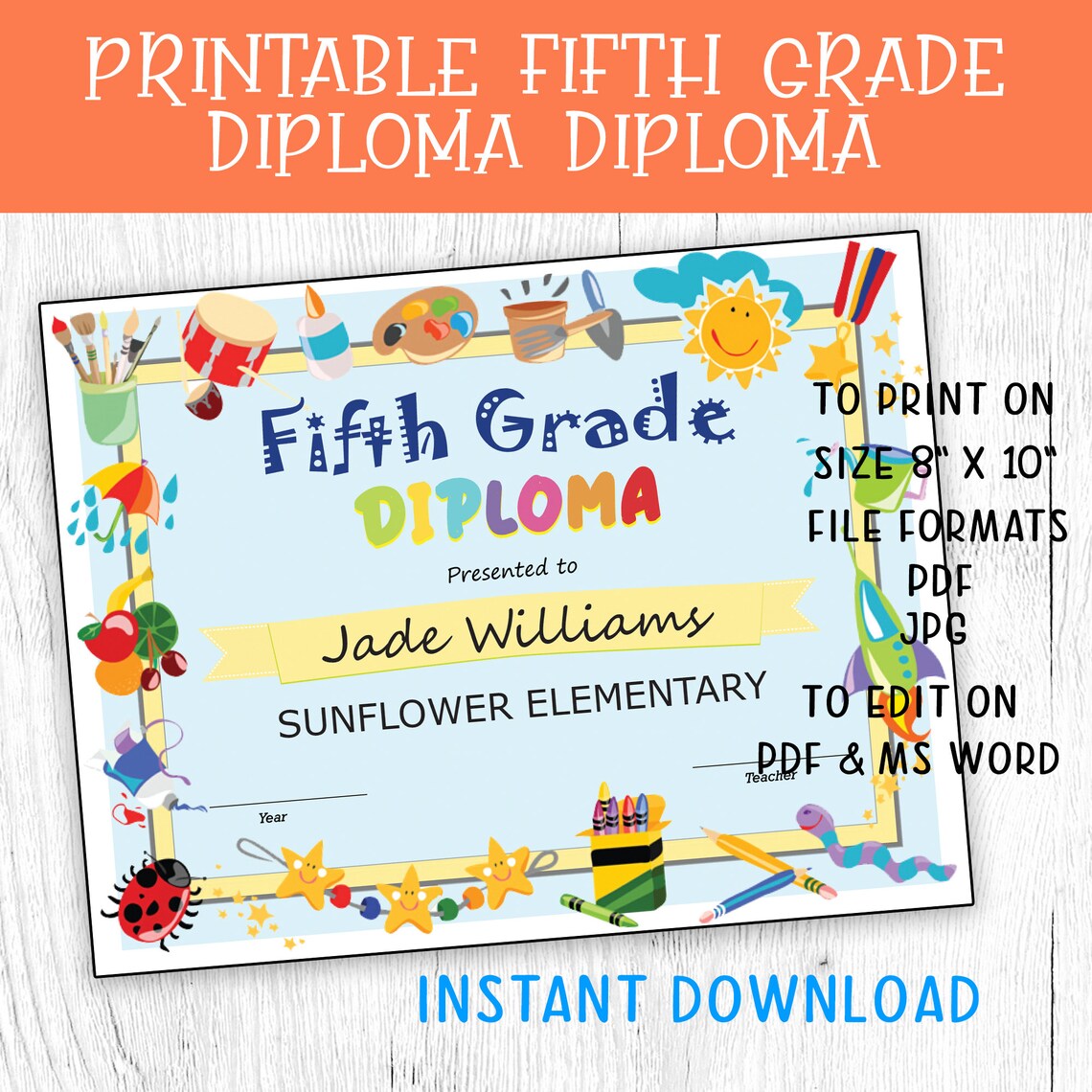 Fifth Grade Diploma Printable & Editable DIY Certificate Diploma ...