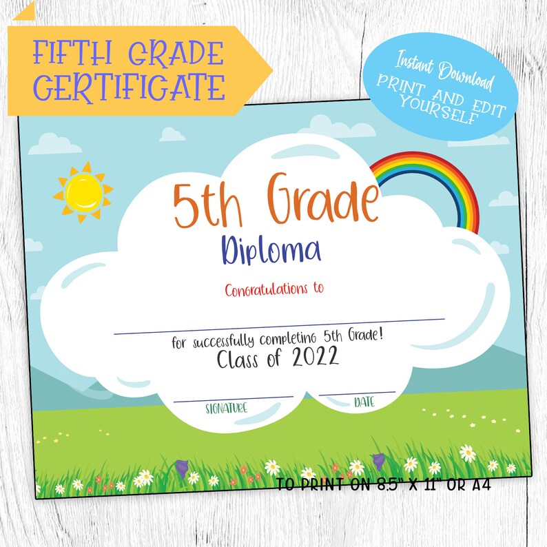 2022 Printable DIY Fifth Grade Certificate Diploma Instant - Etsy
