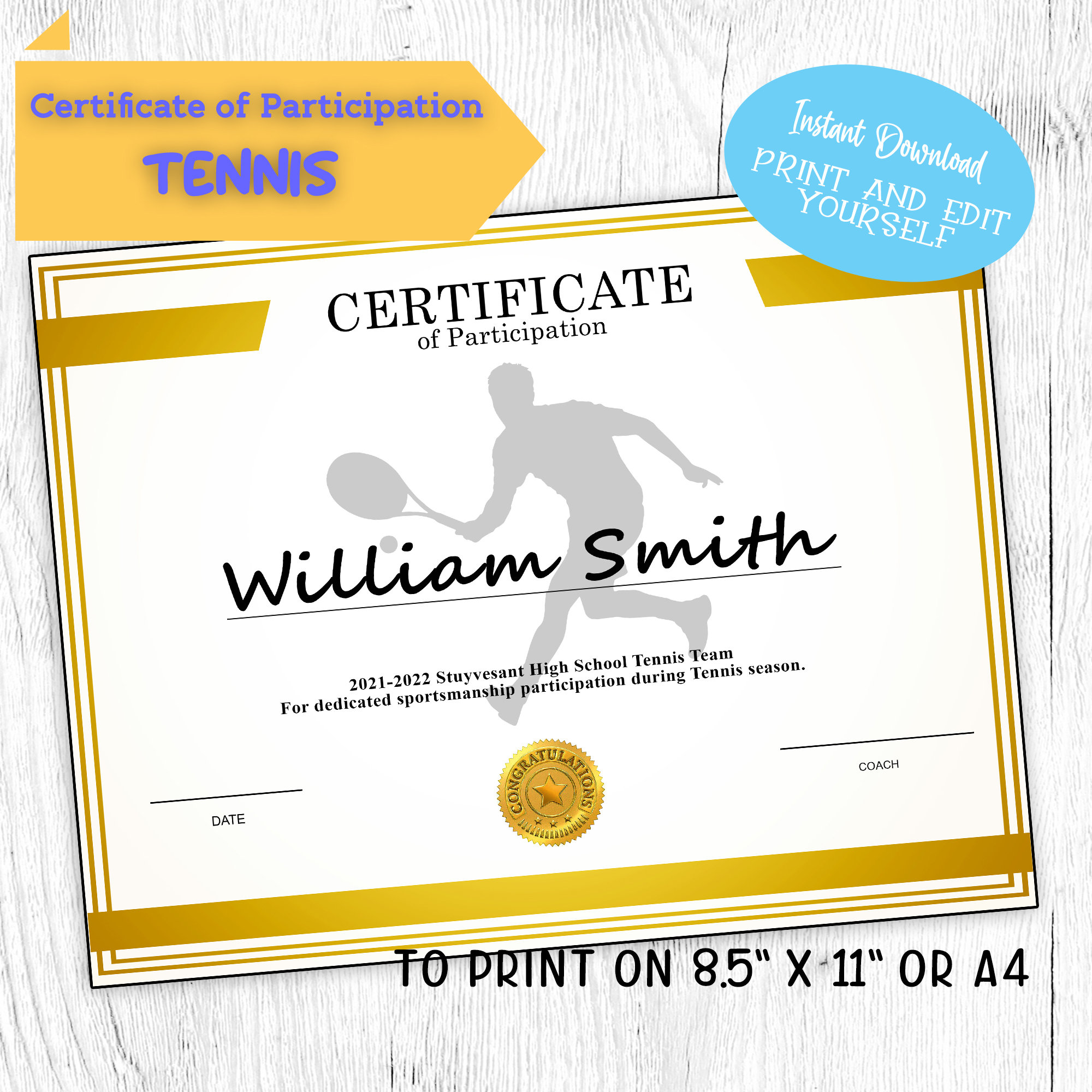 DIY Editable and Printable Sports Certificate Template Tennis ...
