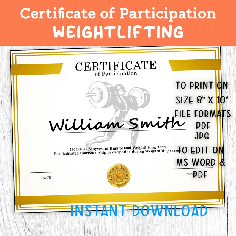 DIY Editable and Printable Sports Certificate Template Weightlifting ...