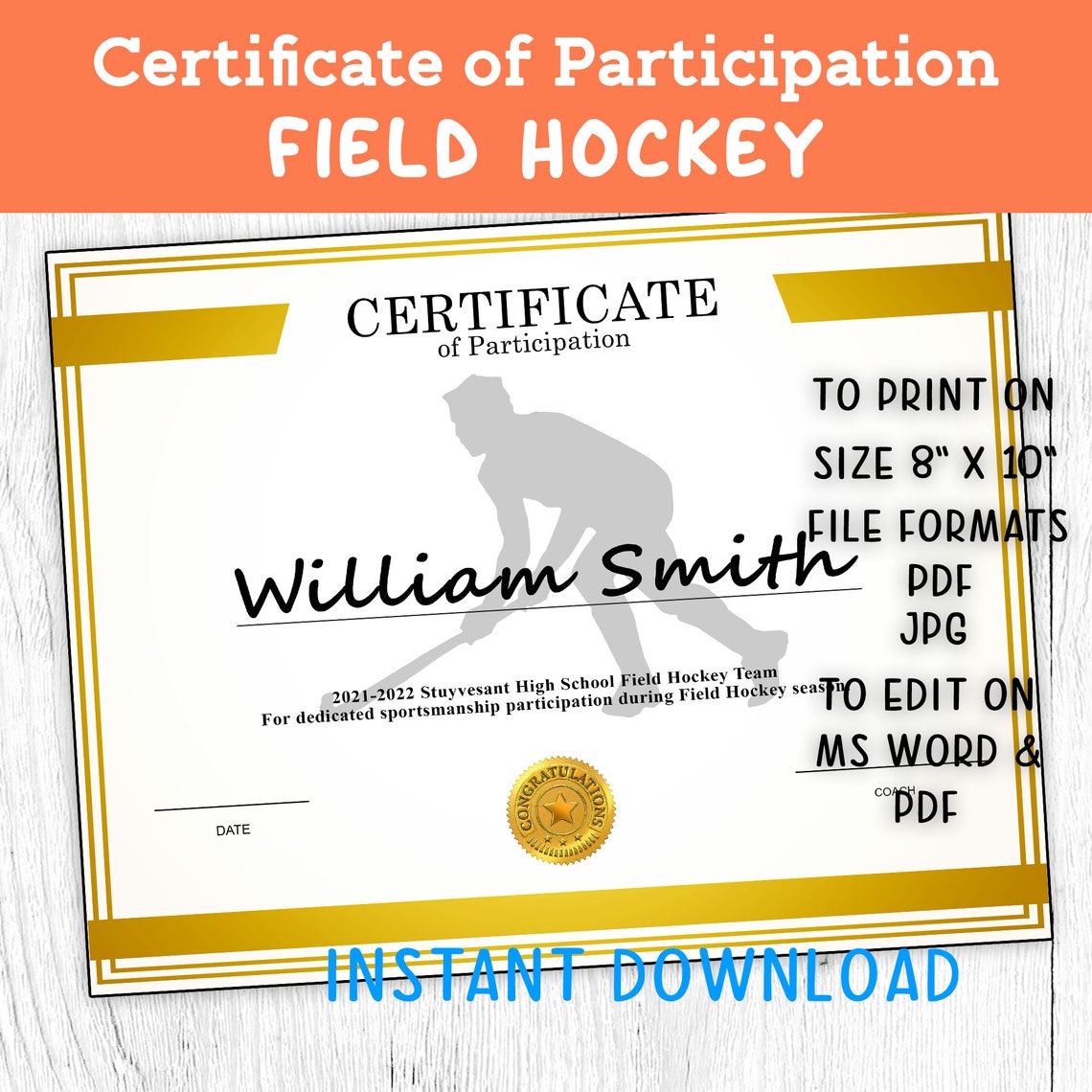 DIY Editable and Printable Sports Certificate Template Field Hockey ...