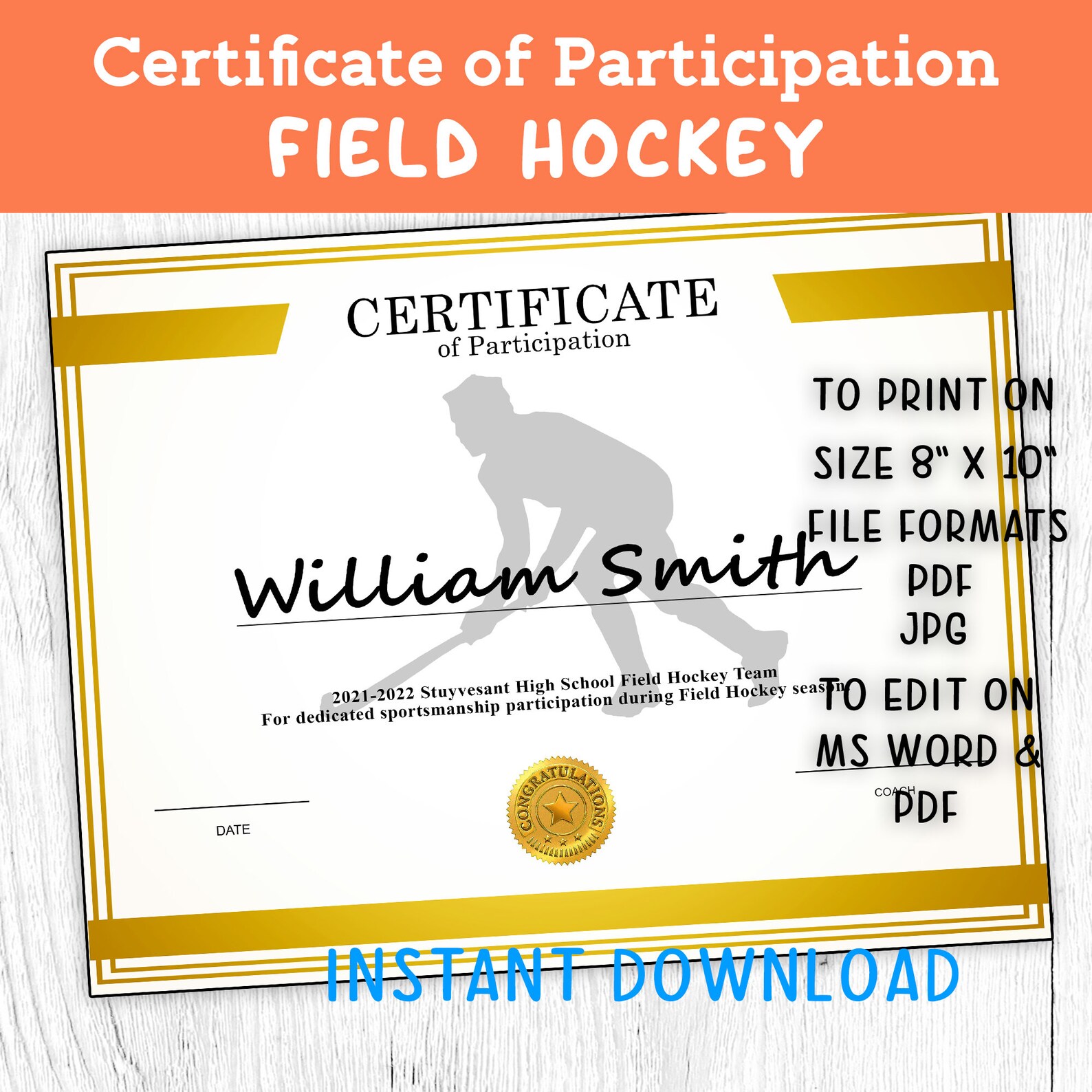 DIY Editable and Printable Sports Certificate Template Field Hockey ...