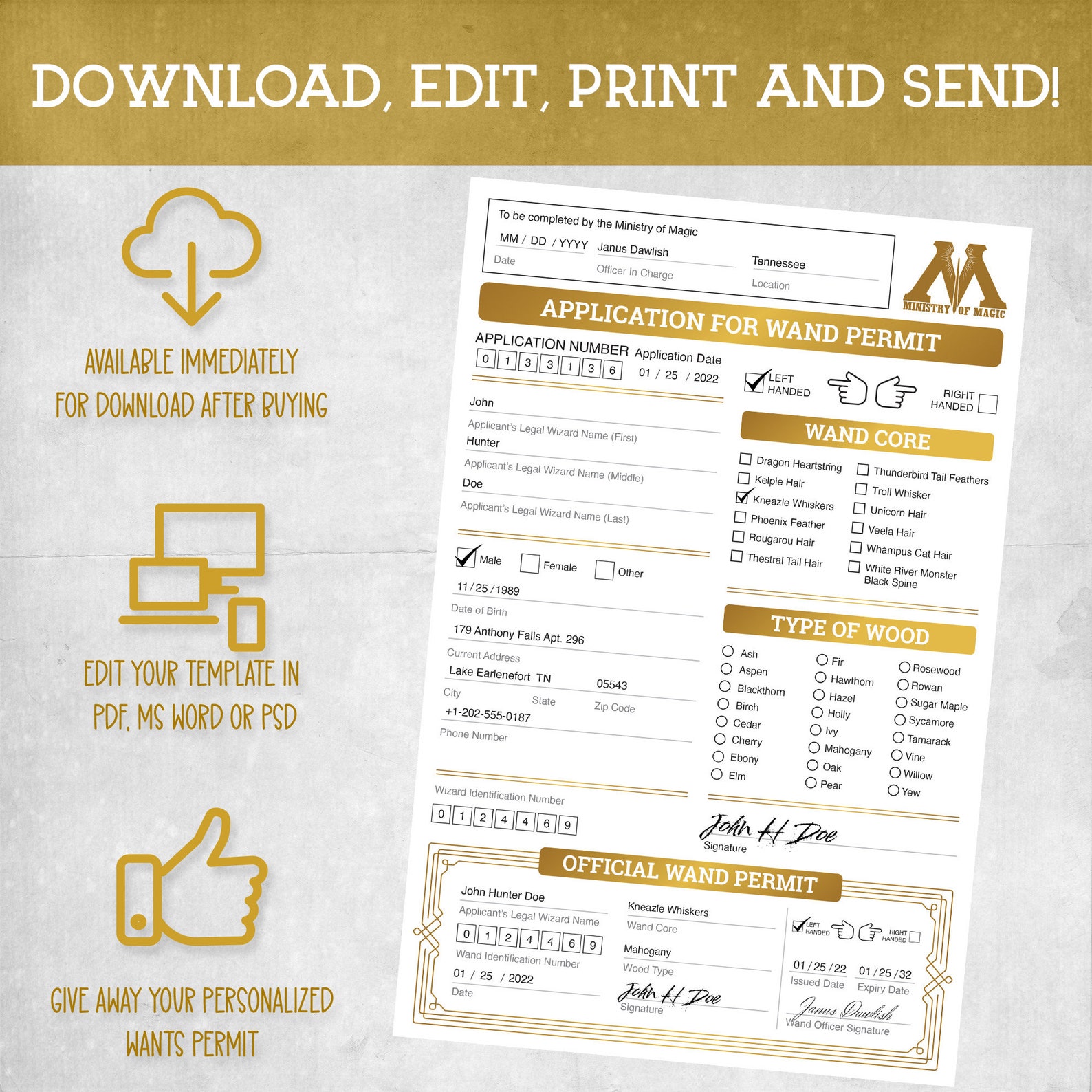 DIY Editable and Printable Wand Application Certification Permits for ...