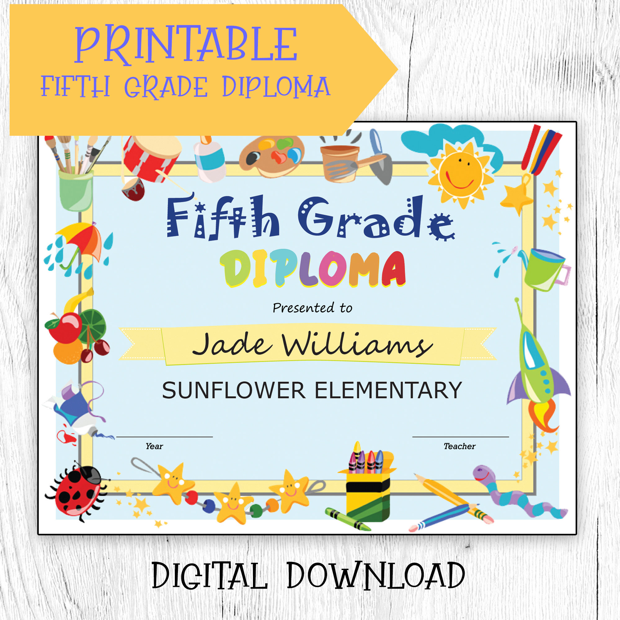 Fifth Grade Diploma Printable & Editable DIY Certificate Diploma ...