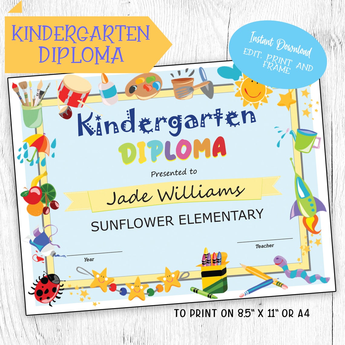 Kindergarten Diploma Printable & Editable DIY Certificate Diploma ...