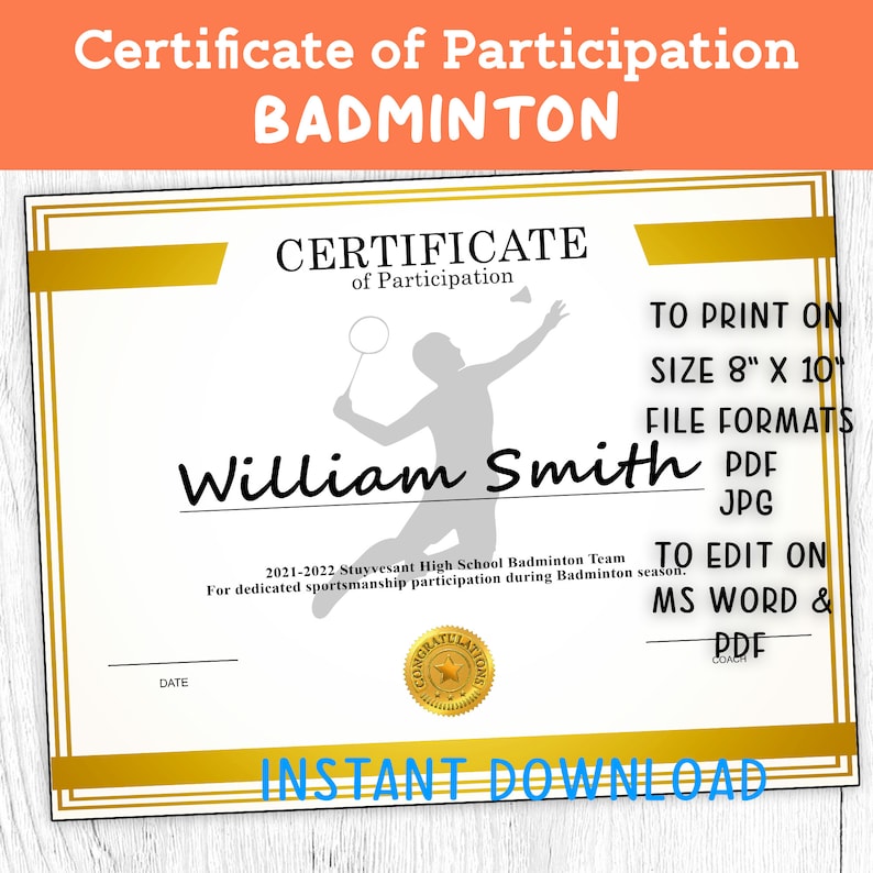 DIY Editable and Printable Sports Certificate Template Badminton ...