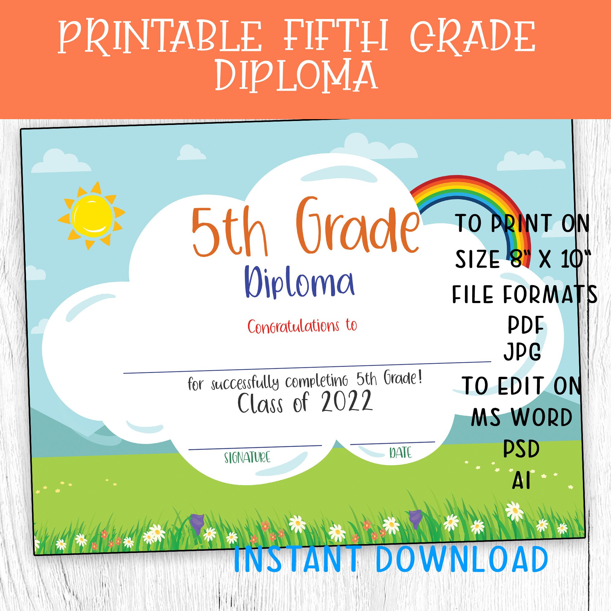 2022 Printable DIY Fifth Grade Certificate Diploma, Instant Download ...