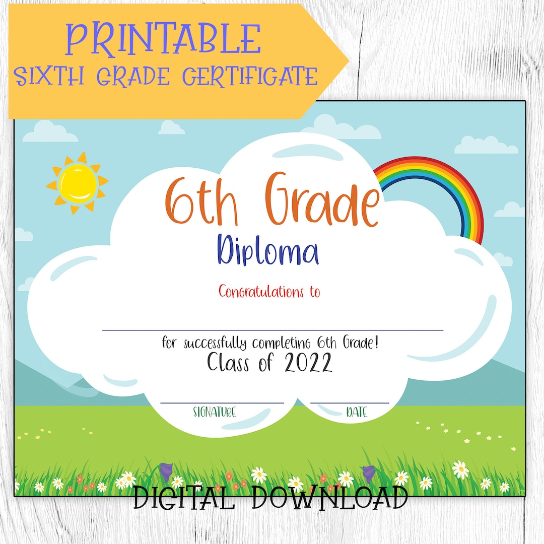 2022 Printable DIY Sixth Grade Certificate Diploma, Instant Download ...