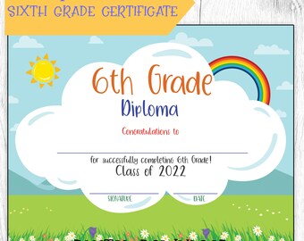 Sixth 6th Grade Graduation Diploma Certificate Instant Download ...