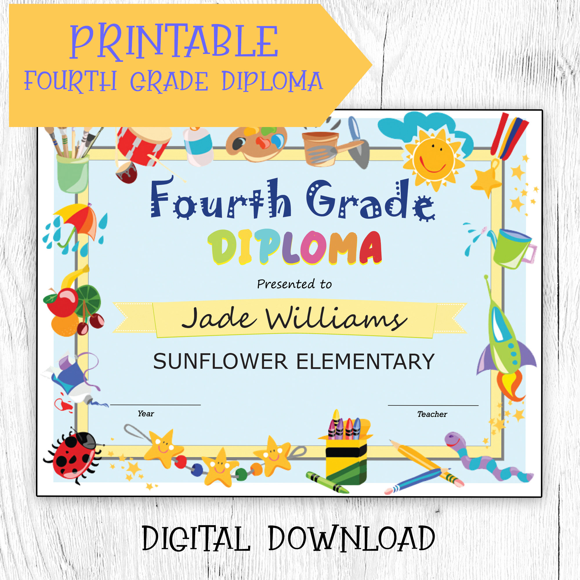 Diploma de cuarto grado Imprimible y editable Diploma de - Etsy México