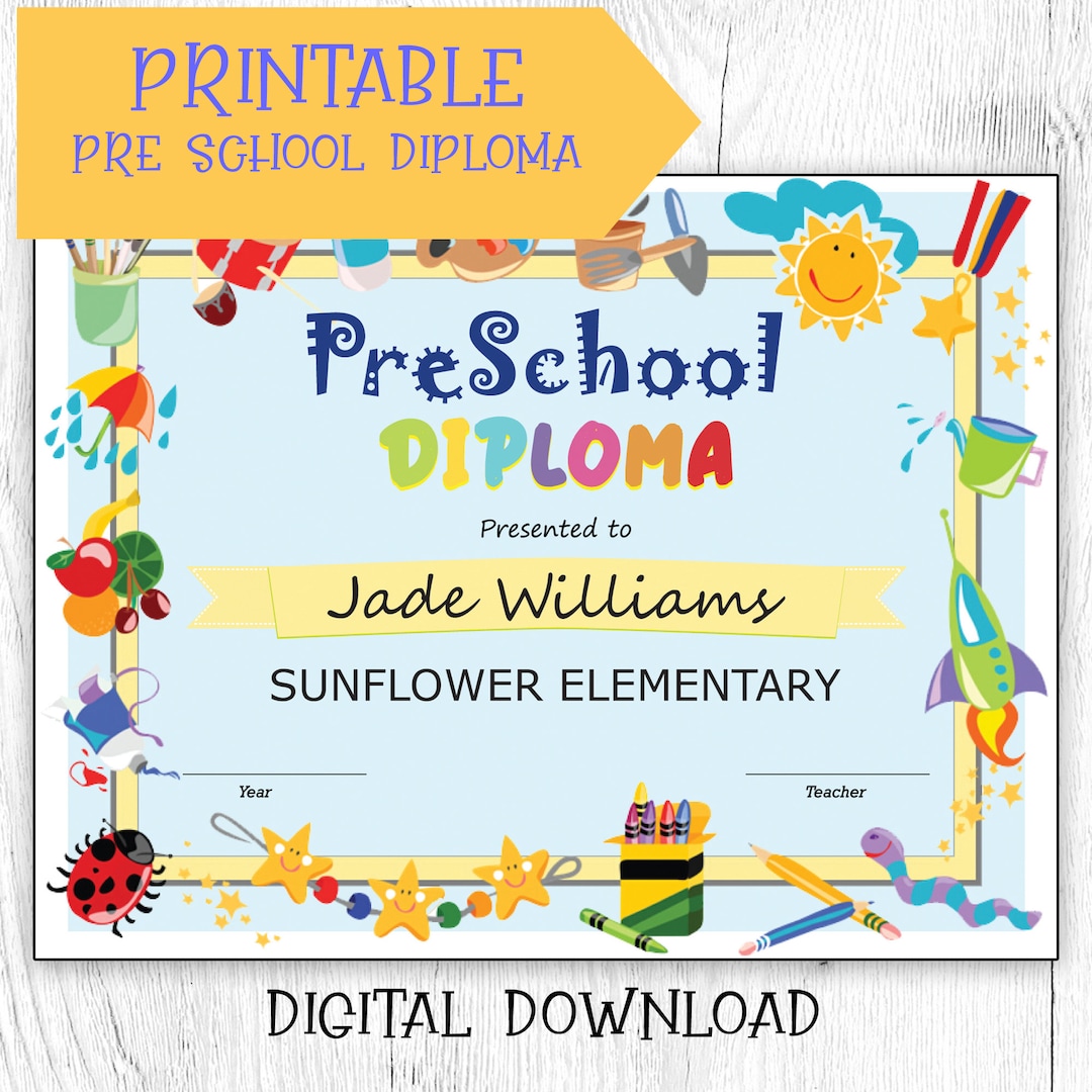 Preschool Diploma Printable & Editable DIY Certificate Diploma, Instant ...