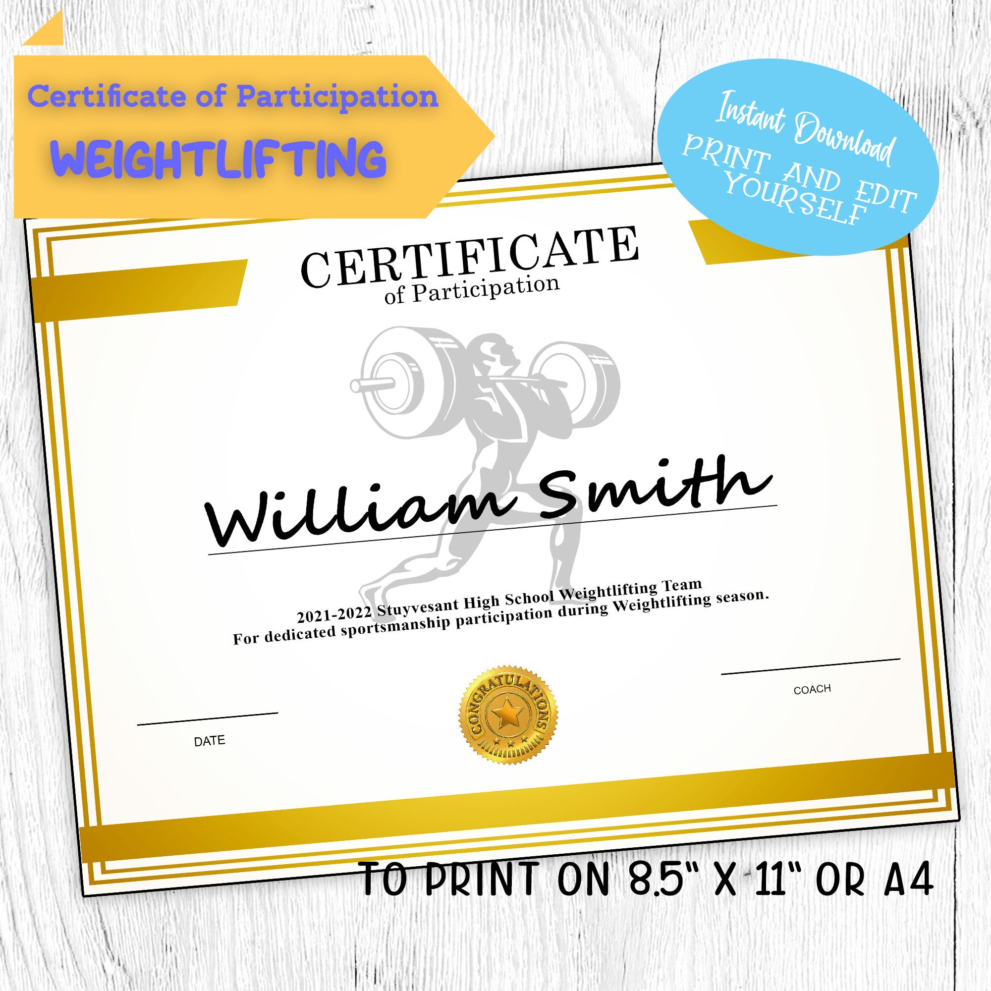 DIY Editable and Printable Sports Certificate Template Weightlifting ...