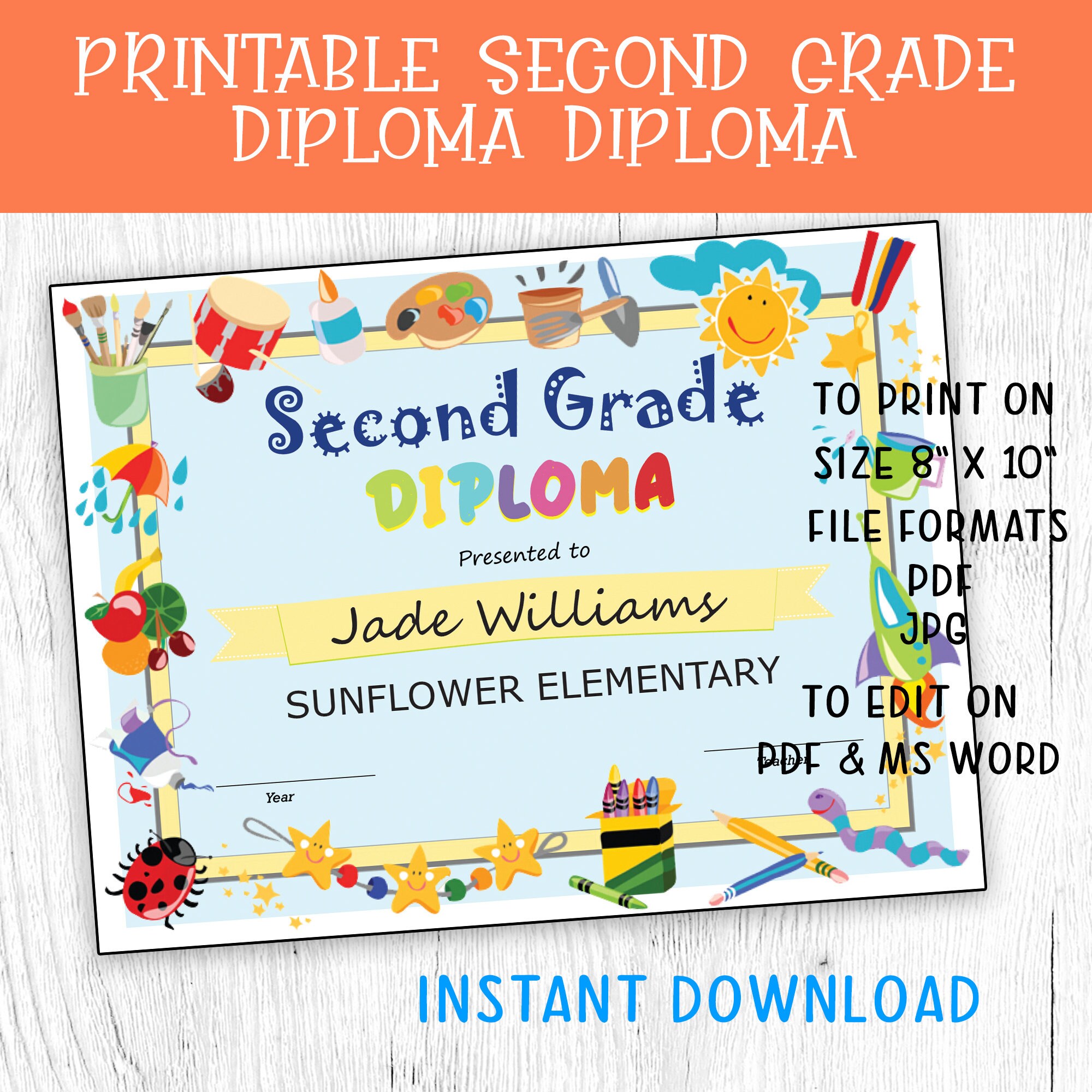 Second Grade Diploma Printable & Editable DIY Certificate Diploma ...