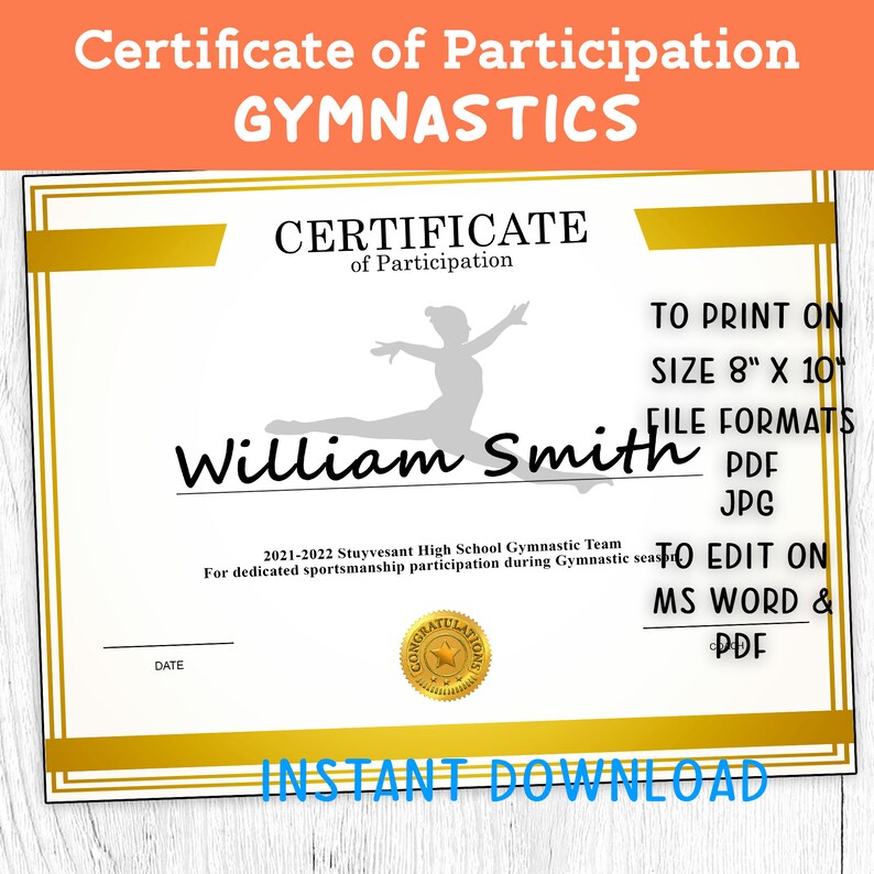 DIY Editable and Printable Sports Certificate Template Gymnastics ...