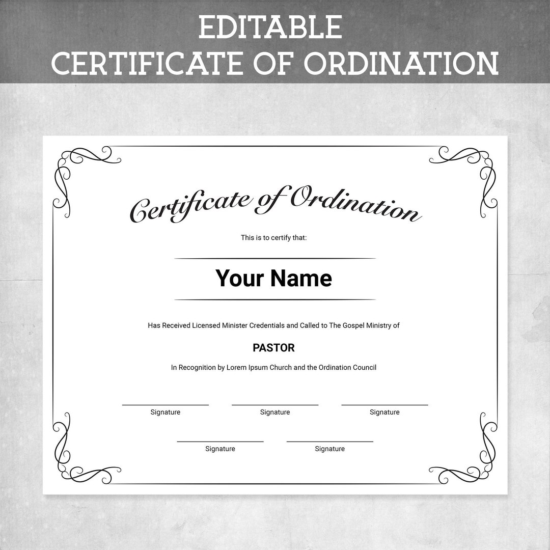 Certificate of Ordination Simple Design Editable, Printable Editable ...