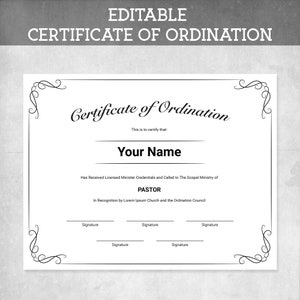 Certificate of Ordination Simple Design Editable, Printable Editable ...