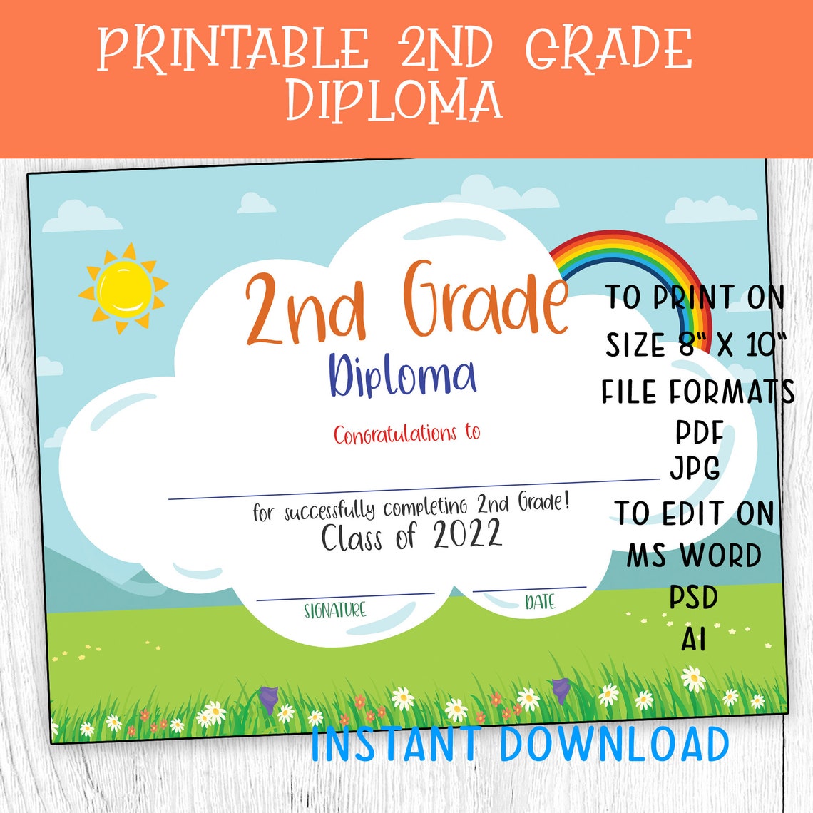 2022 Printable DIY Second Grade Certificate Diploma, Instant Download ...