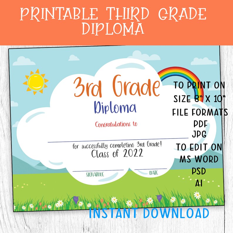 2022 Printable DIY Third Grade Certificate Diploma, Instant Download ...