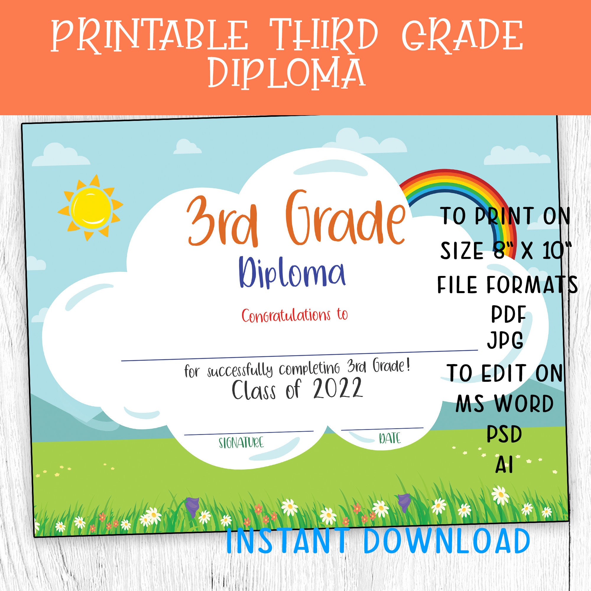 2022 Printable DIY Third Grade Certificate Diploma, Instant Download ...