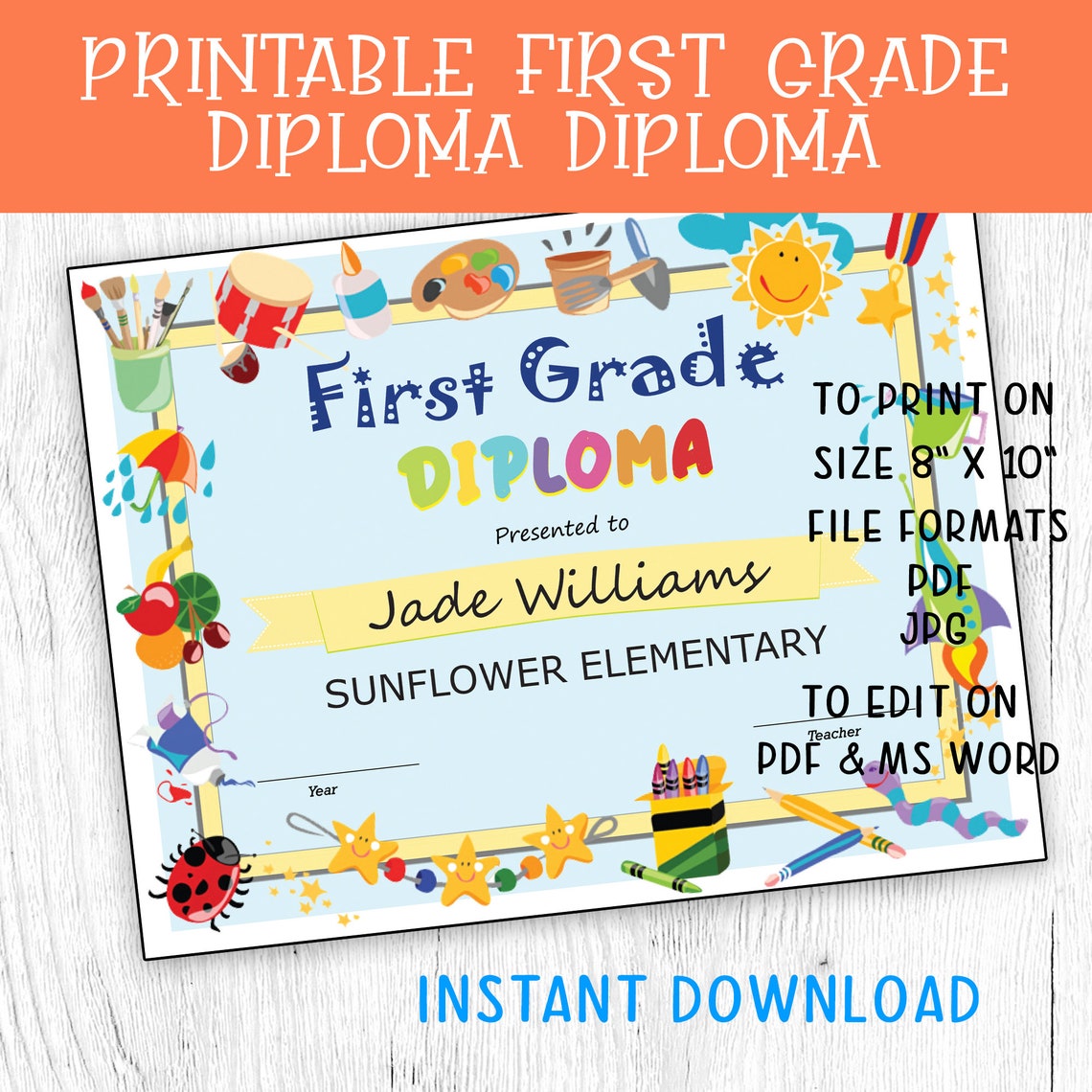 First Grade Diploma Printable & Editable DIY Certificate Diploma ...