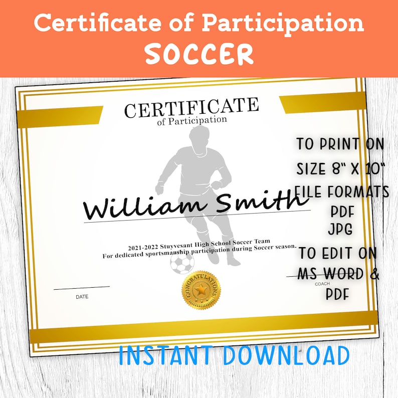 DIY Editable and Printable Sports Certificate Template Soccer ...