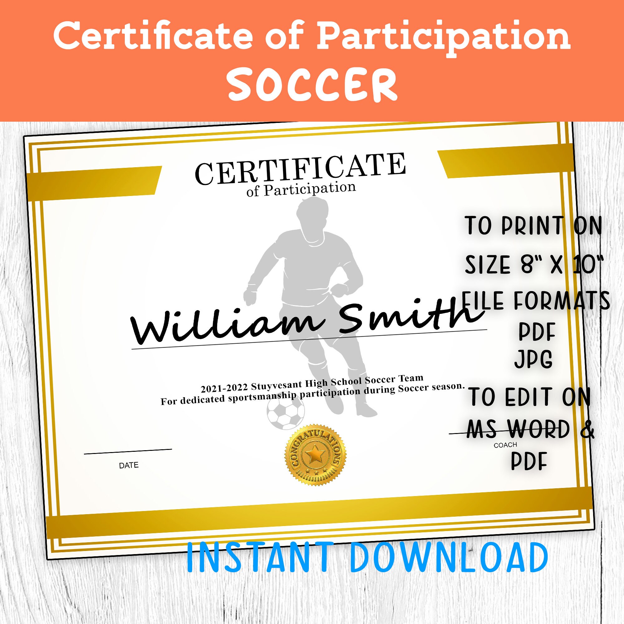 DIY Editable and Printable Sports Certificate Template Soccer ...