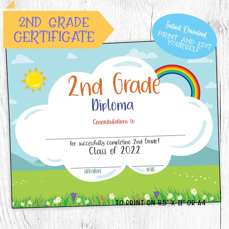 2022 Printable DIY Second Grade Certificate Diploma, Instant Download ...