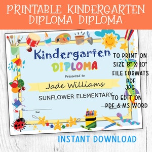Kindergarten Diploma Printable & Editable DIY Certificate - Etsy