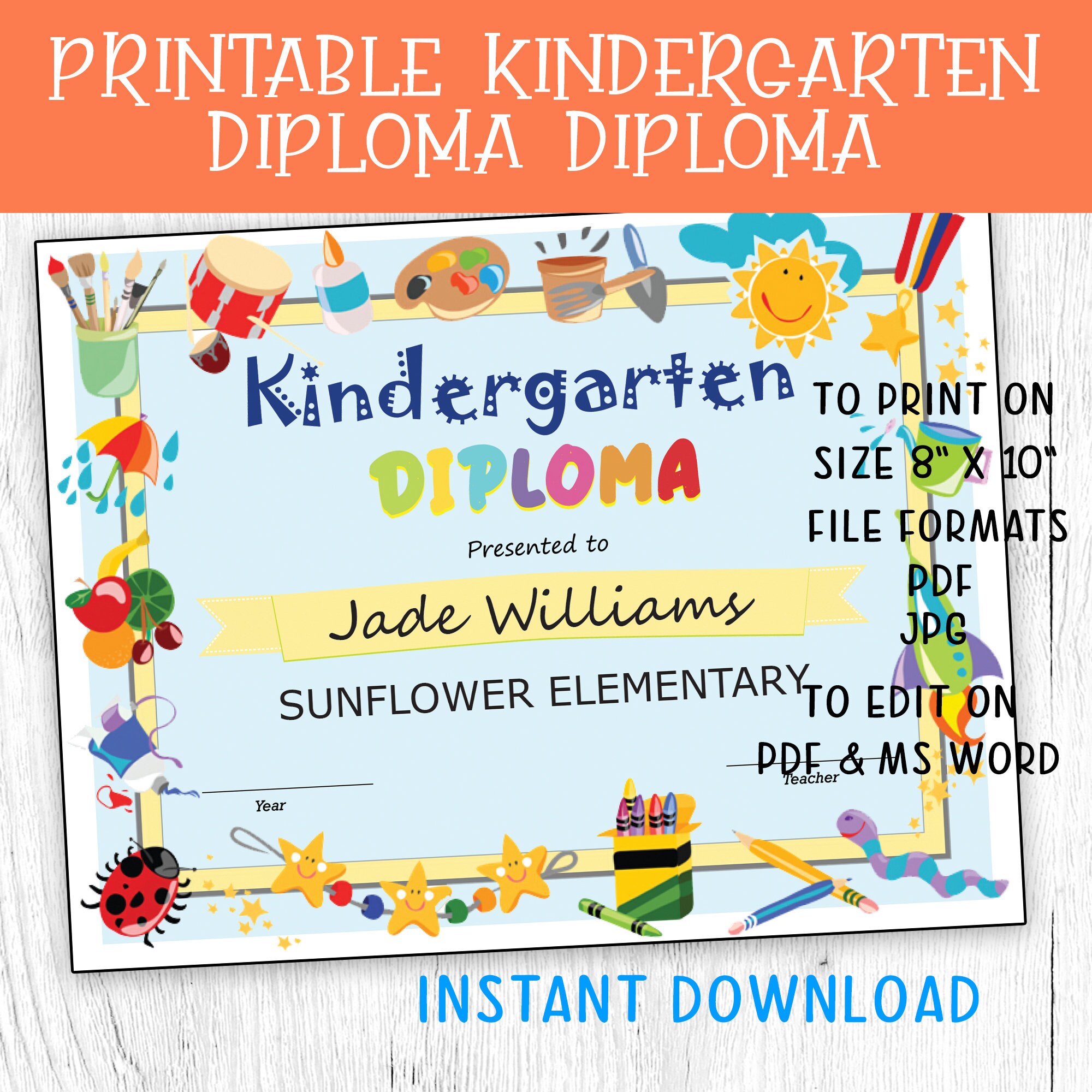 Kindergarten Diploma Printable & Editable DIY Certificate Diploma ...