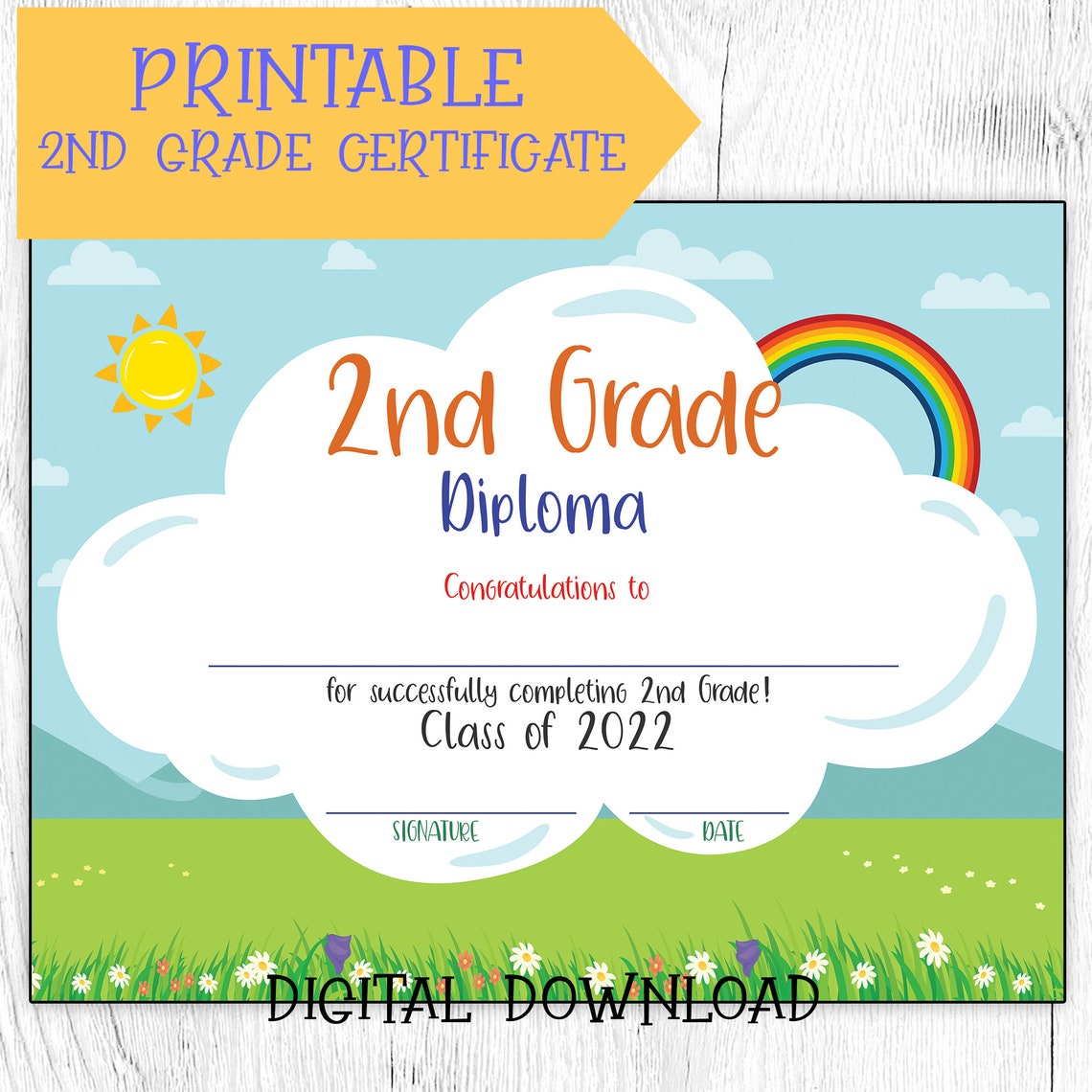 2022 Printable DIY Second Grade Certificate Diploma, Instant Download ...