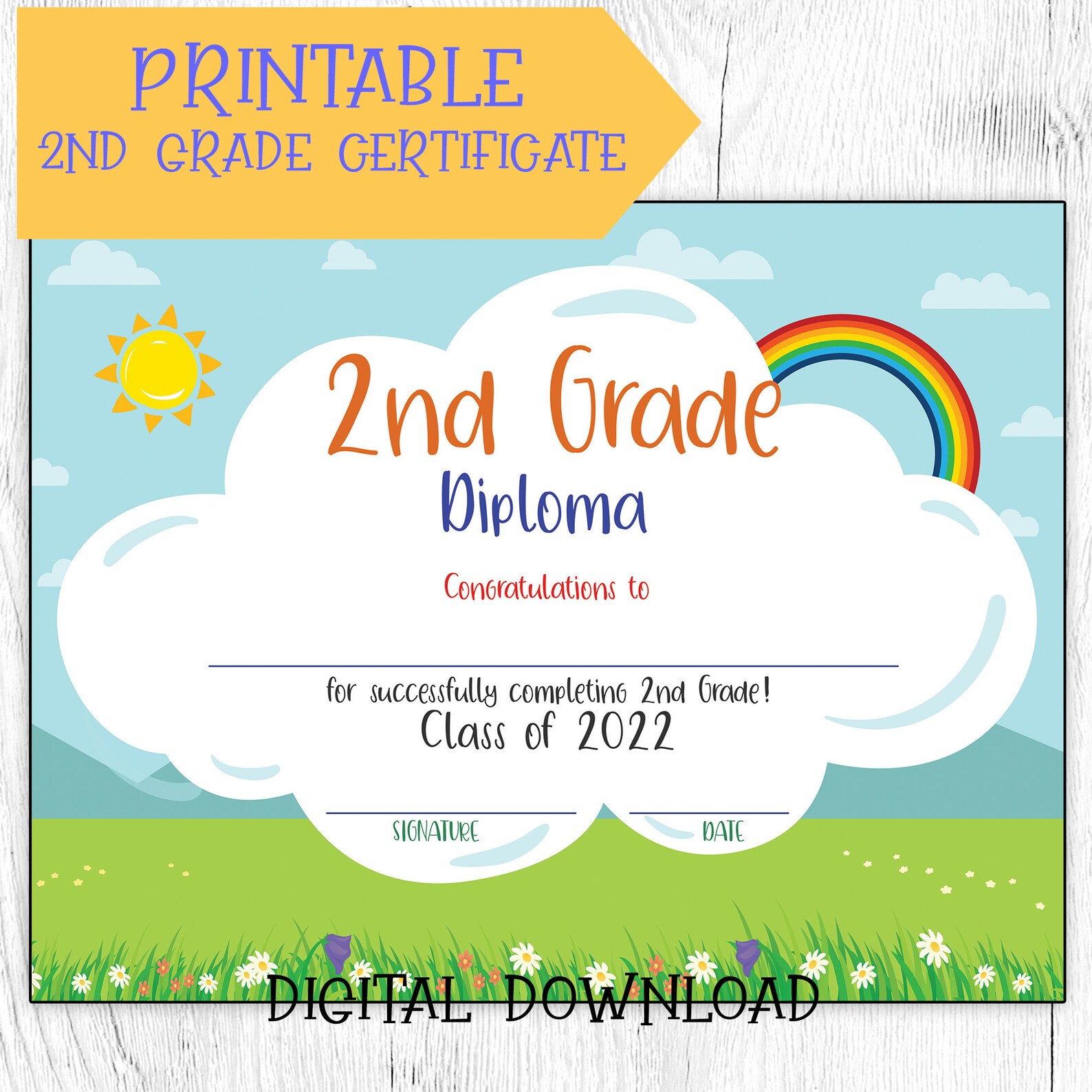 2022 Printable DIY Second Grade Certificate Diploma, Instant Download ...