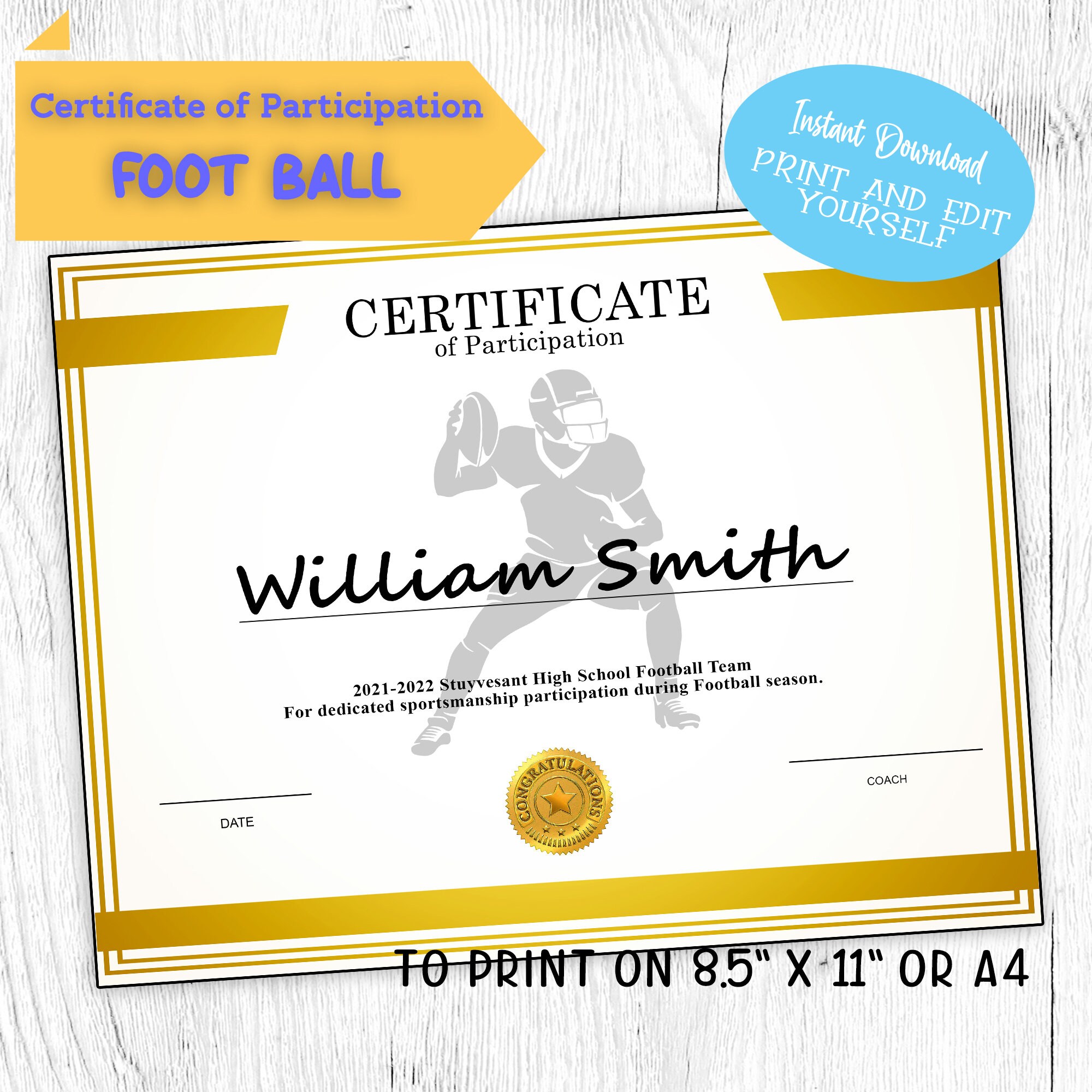 DIY Editable and Printable Sports Certificate Template Foot Ball ...
