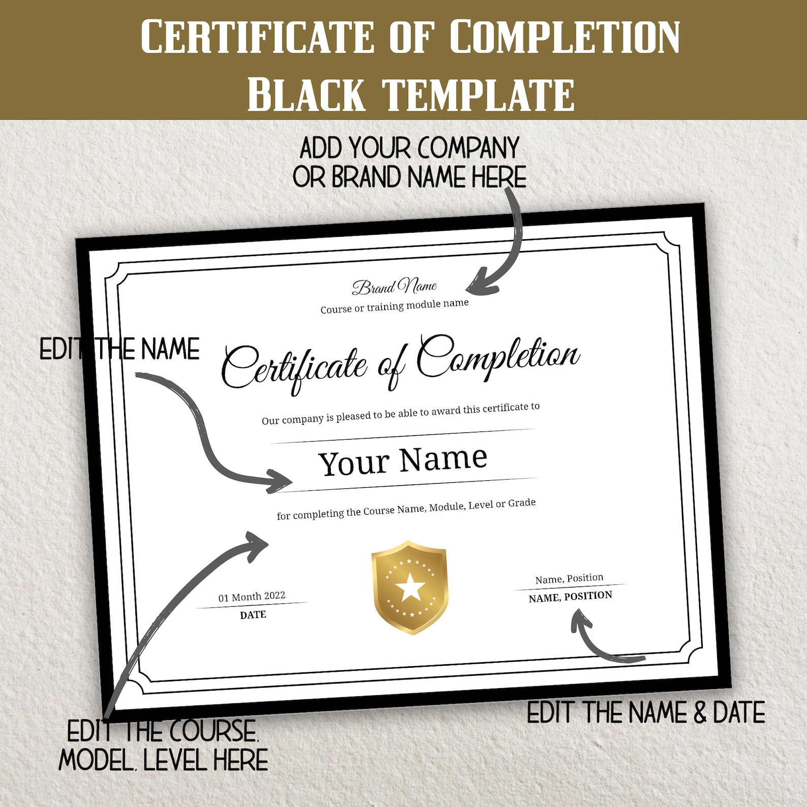 Certificate of Completion Black, Editable Certificate Template ...
