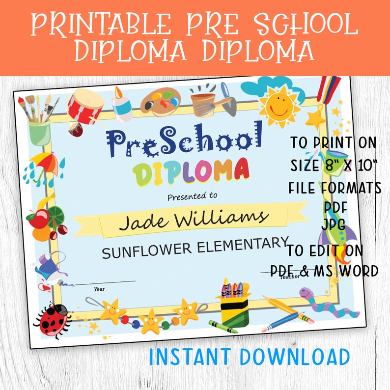 Preschool Diploma Printable & Editable DIY Certificate Diploma, Instant ...