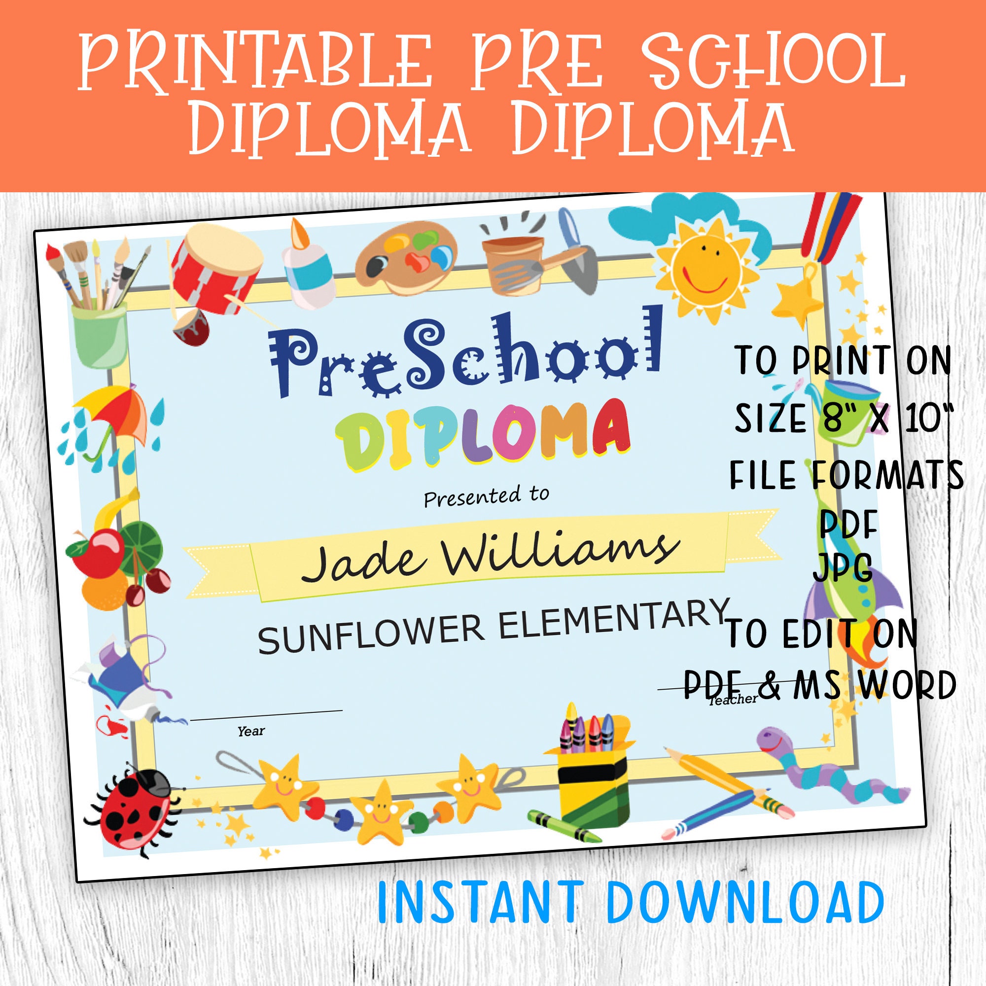 Preschool Diploma Printable & Editable DIY Certificate Diploma, Instant ...