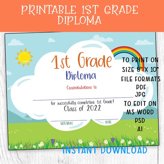 1st Grade Printable Graduation Certificates Diploma, 2023 Certificate,