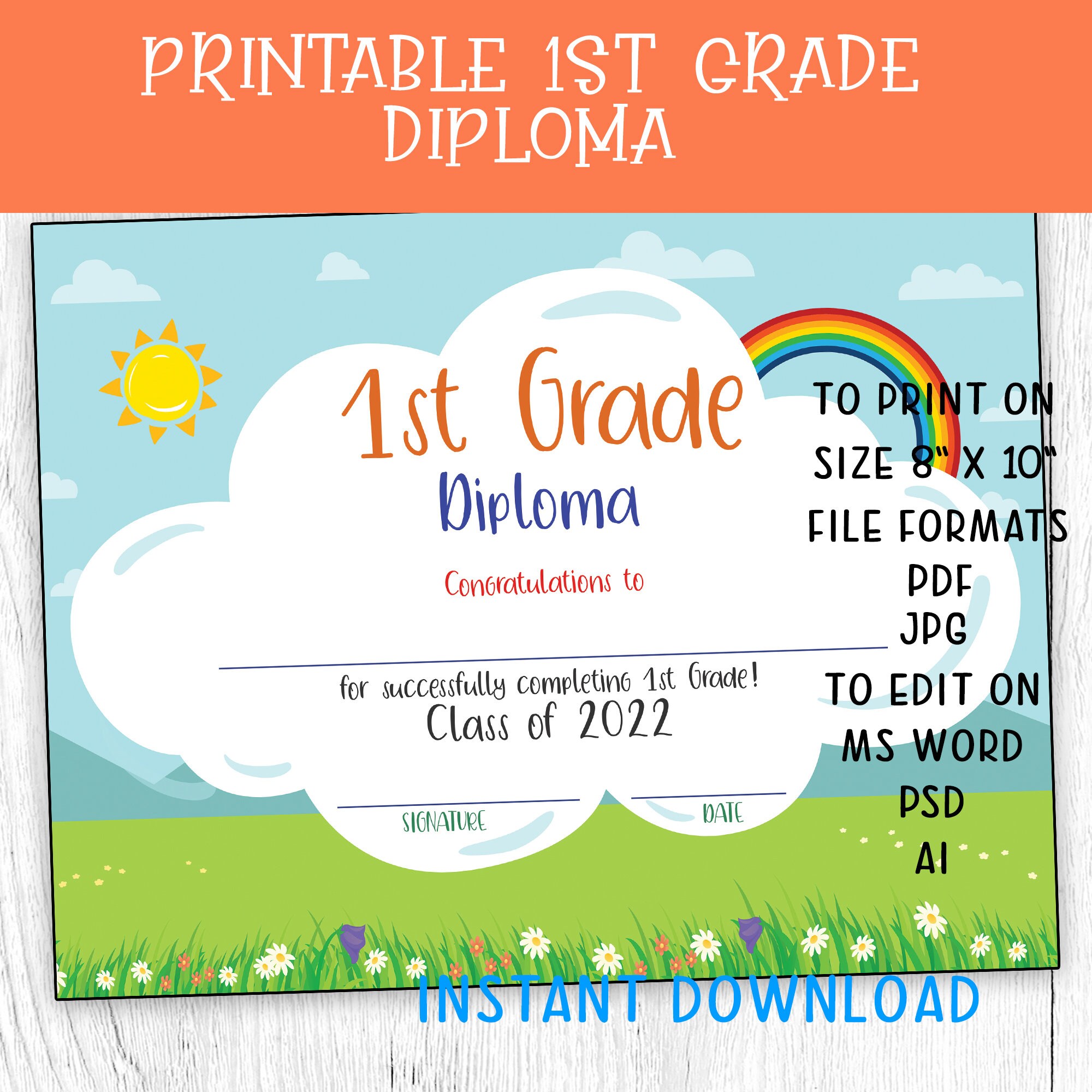 2022 Printable DIY First Grade Certificate Diploma Instant - Etsy