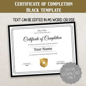Certificate of Completion Black, Editable Certificate Template ...
