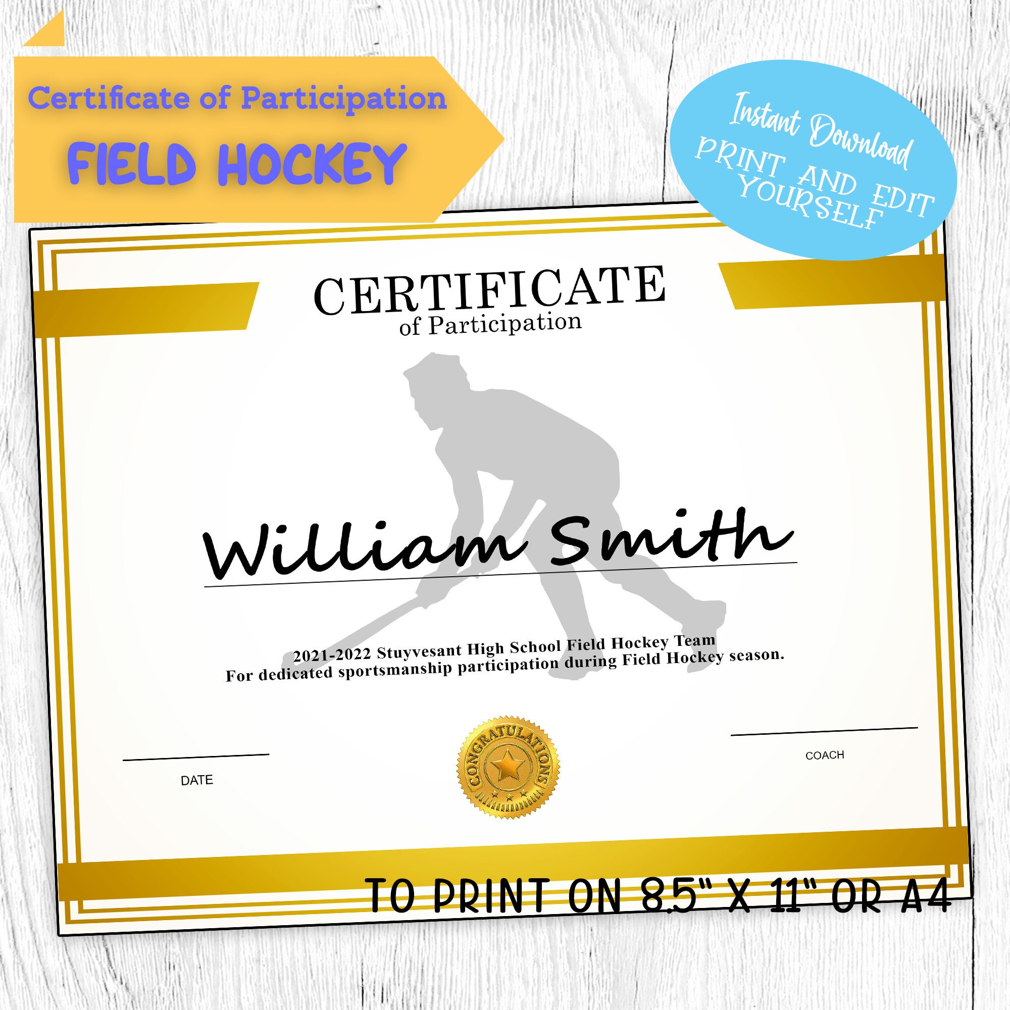 DIY Editable and Printable Sports Certificate Template Field Hockey ...