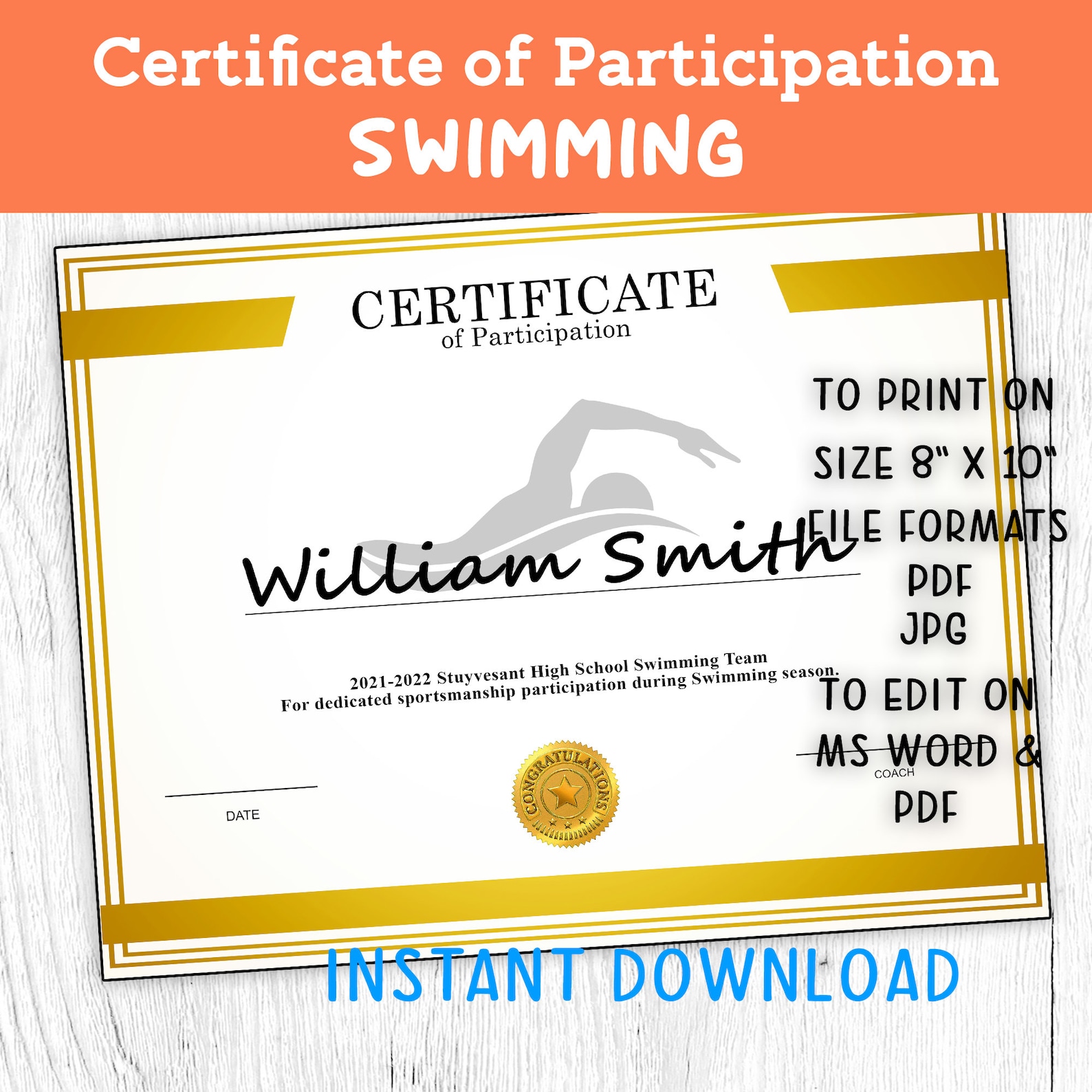 DIY Editable and Printable Sports Certificate Template Swimming ...