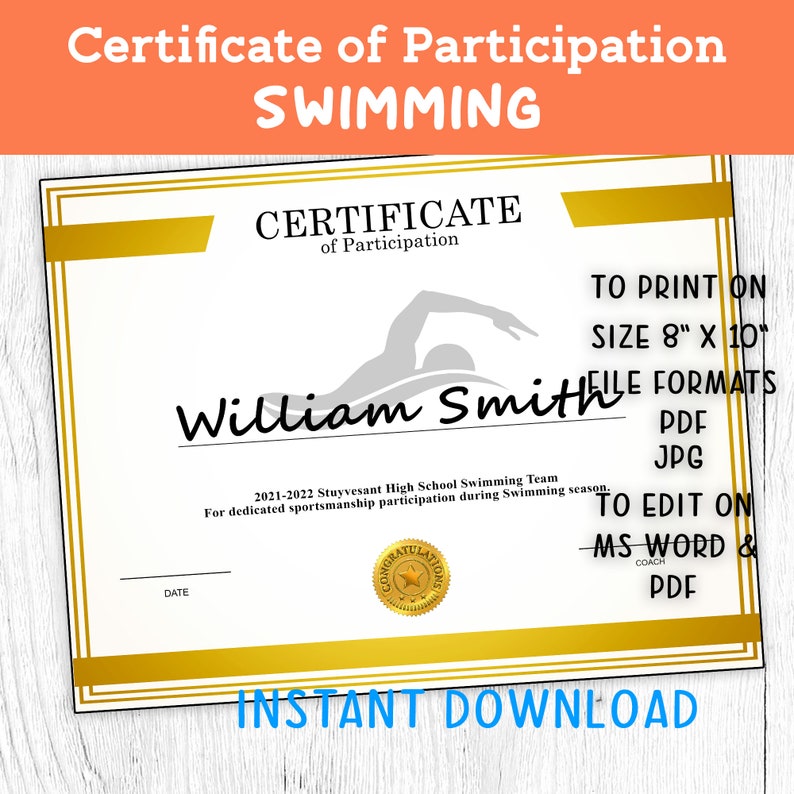 DIY Editable and Printable Sports Certificate Template Swimming ...