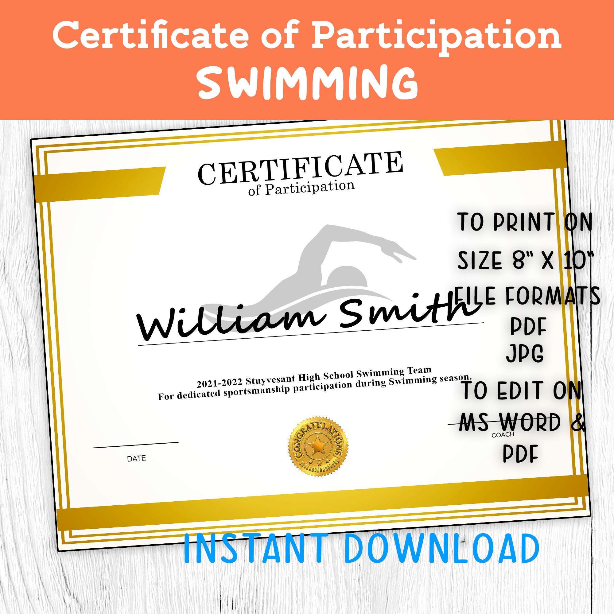 DIY Editable and Printable Sports Certificate Template Swimming ...