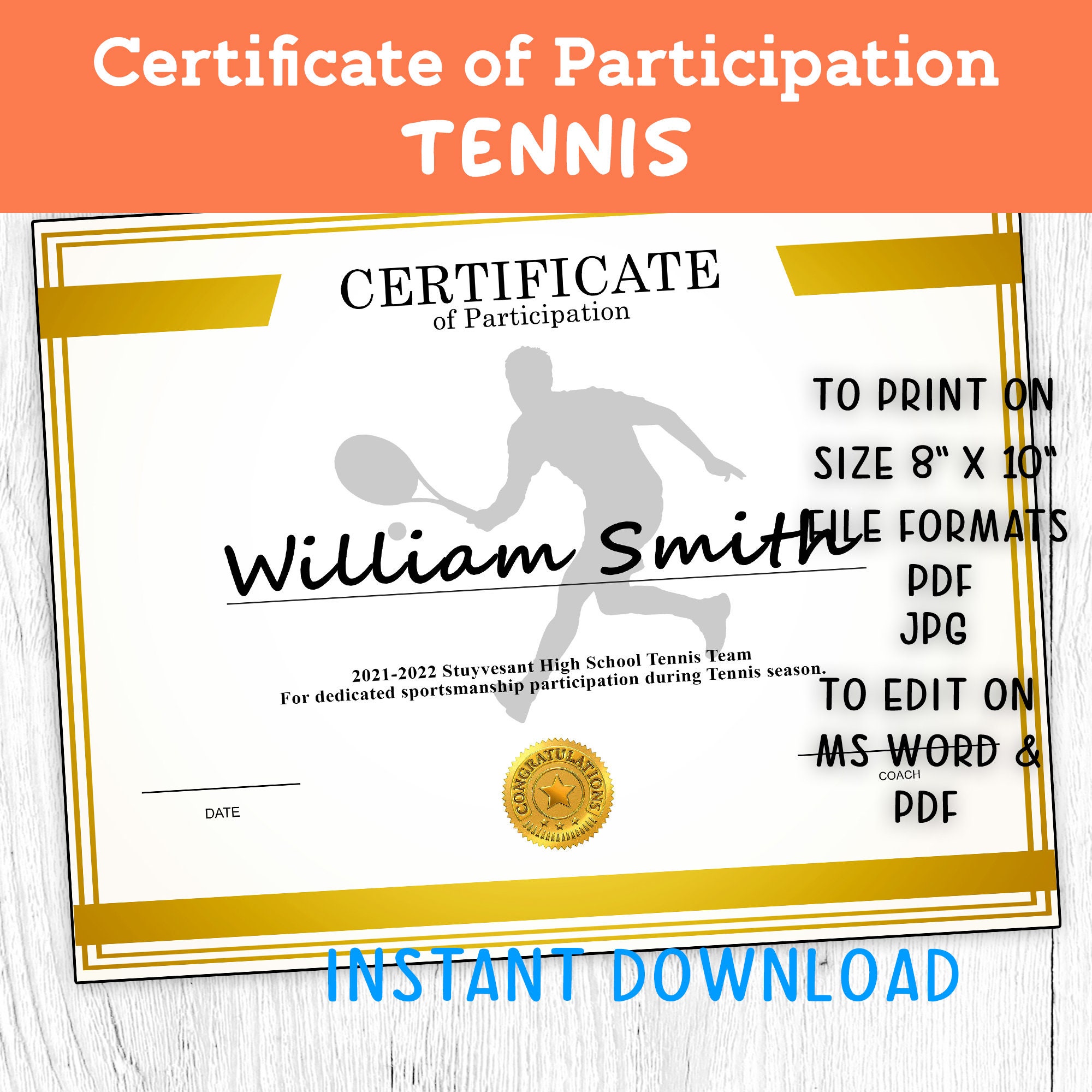 DIY Editable and Printable Sports Certificate Template Tennis ...