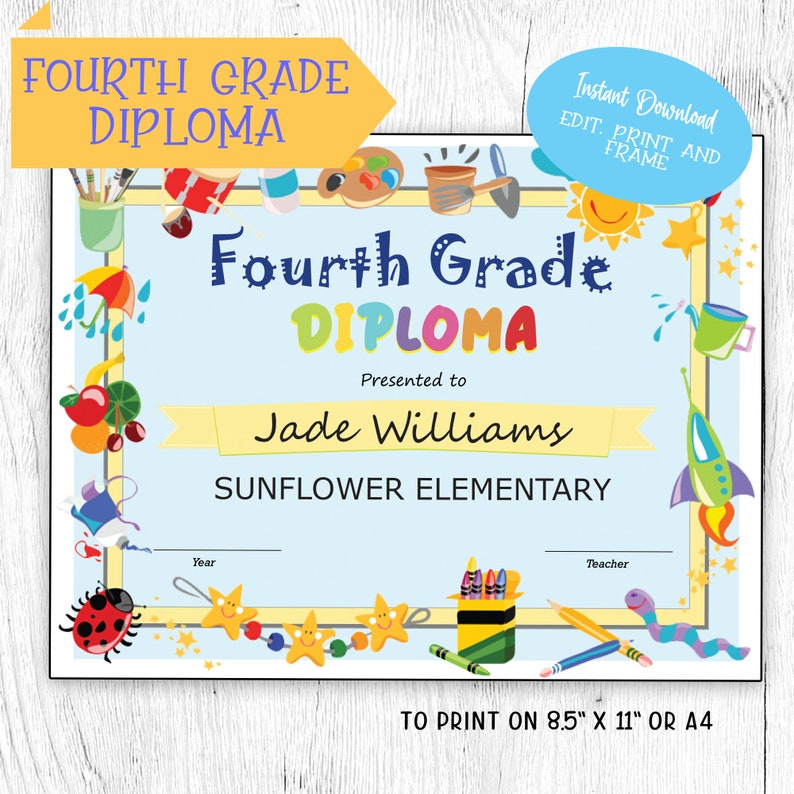 Fourth Grade Diploma Printable & Editable DIY Certificate Diploma ...