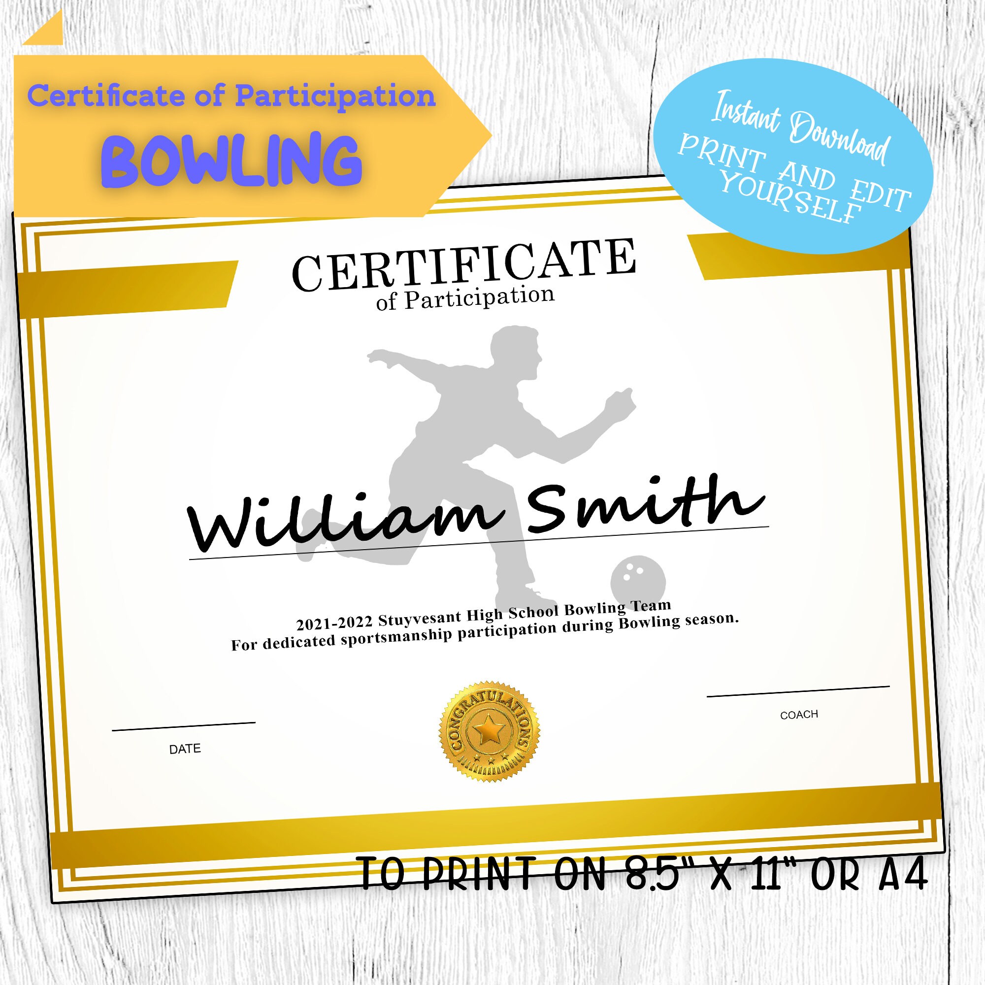 DIY Editable and Printable Sports Certificate Template Bowling ...