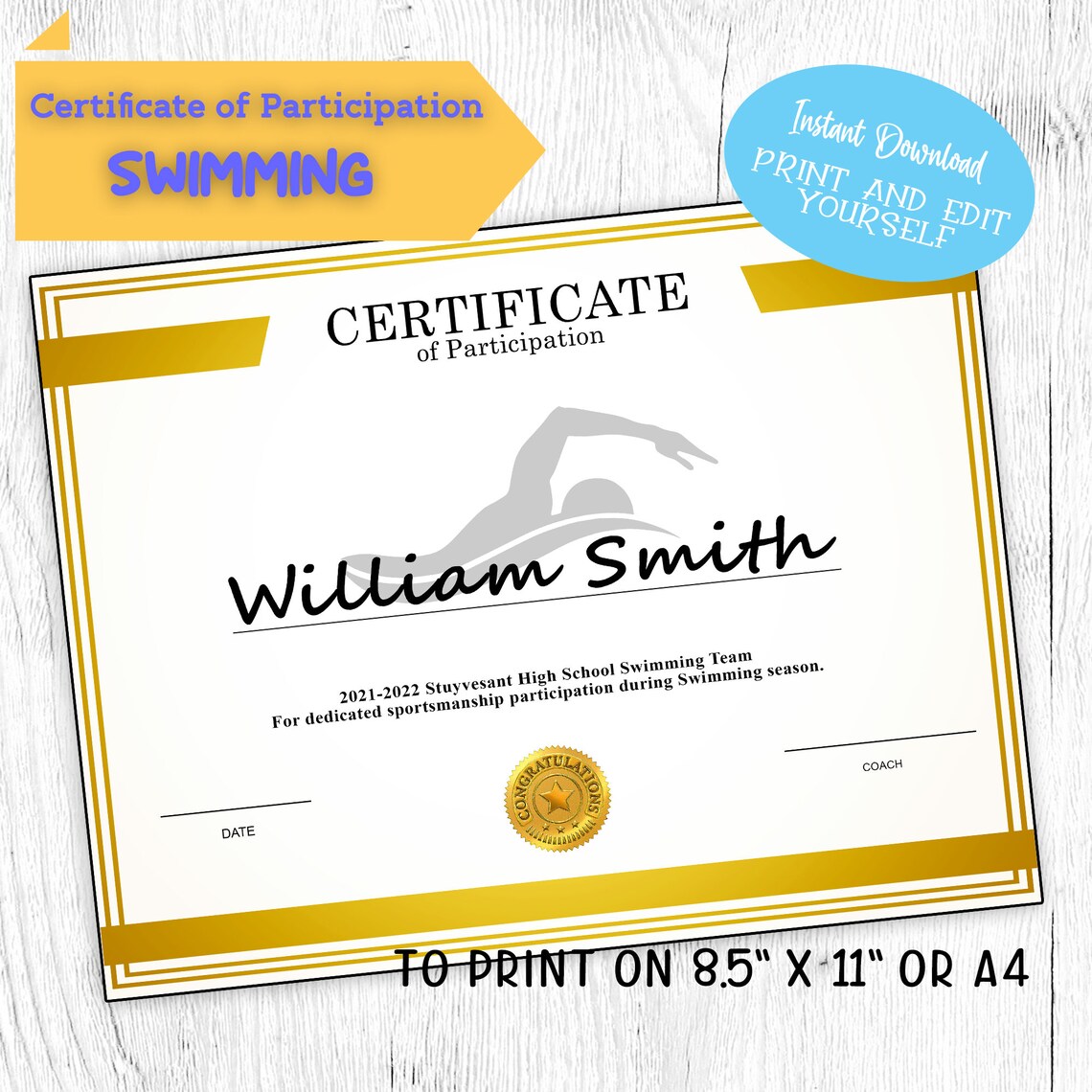 DIY Editable and Printable Sports Certificate Template Swimming ...