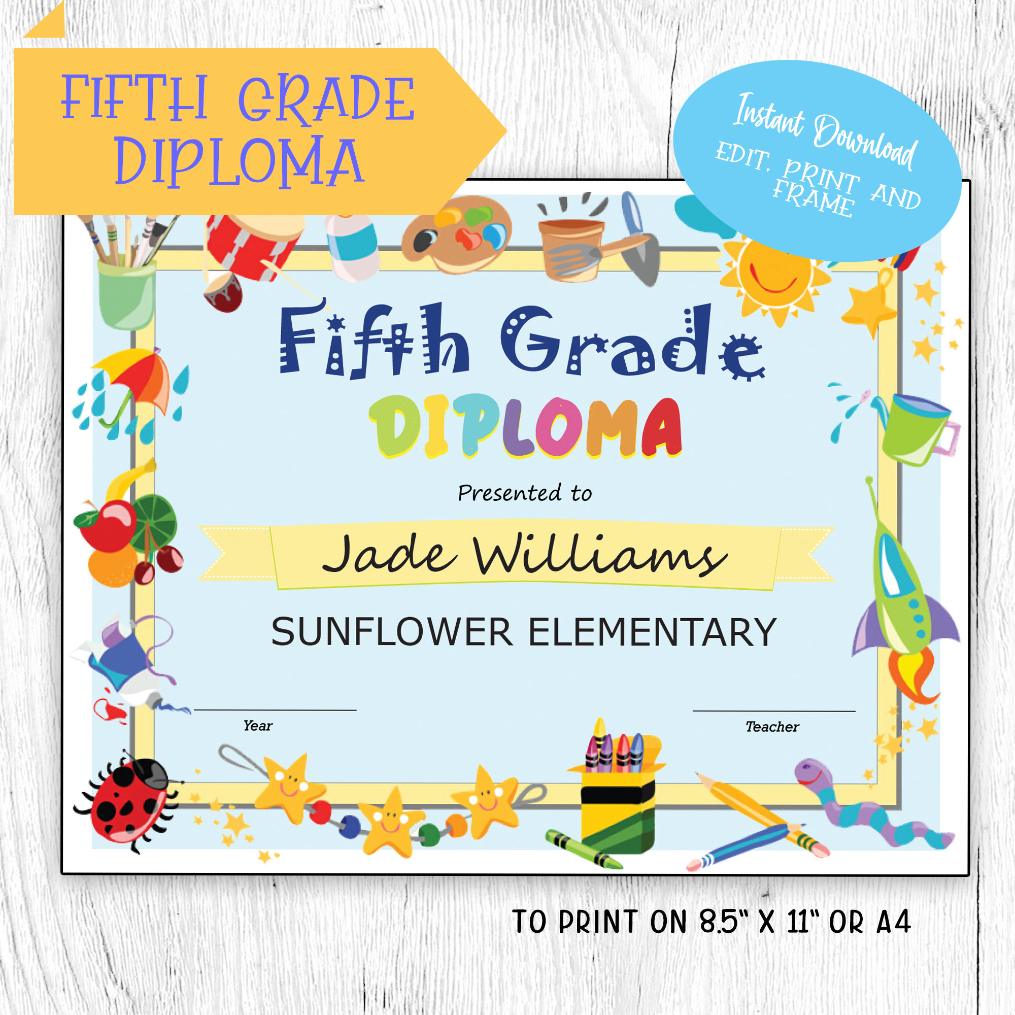 Fifth Grade Diploma Printable & Editable DIY Certificate Diploma ...