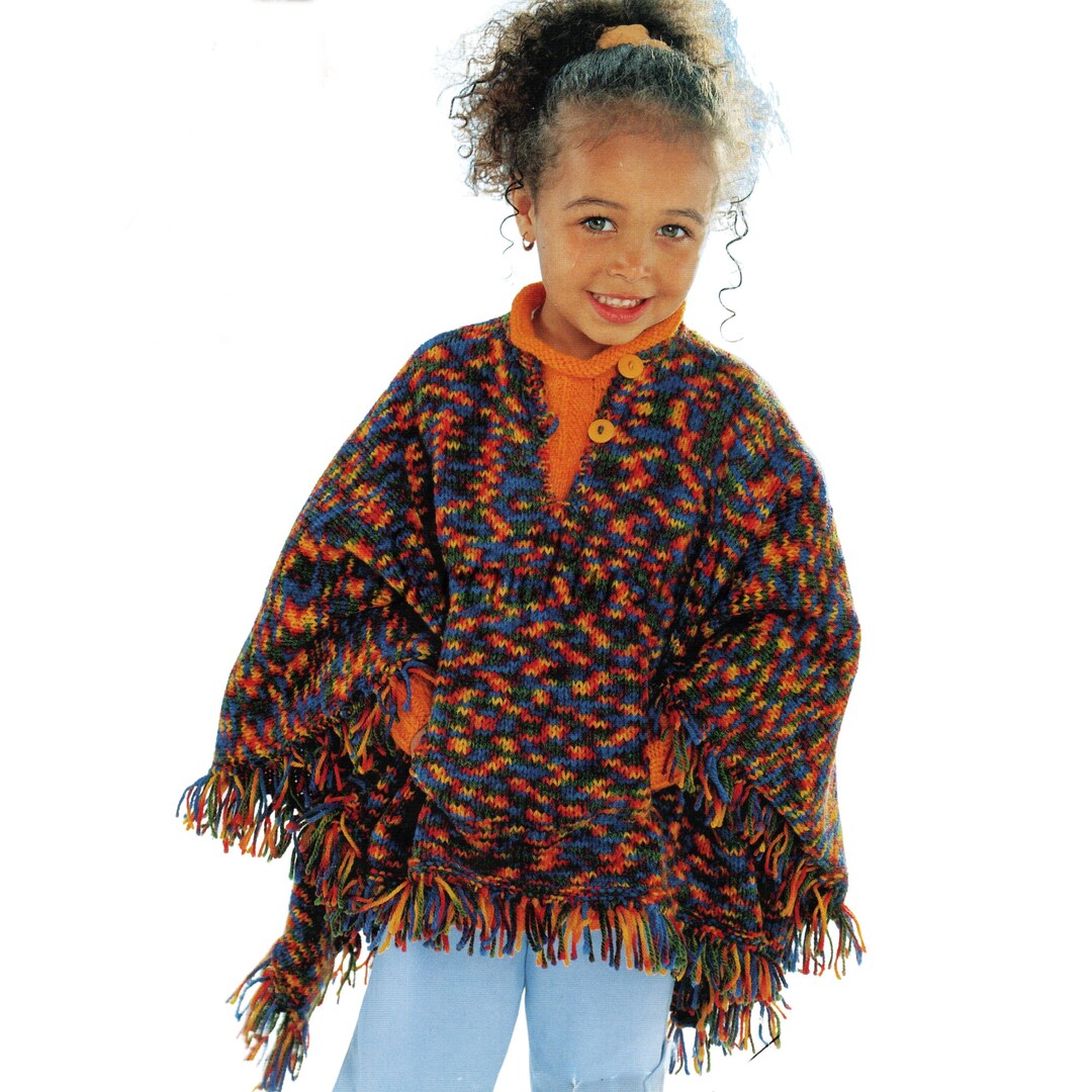 Poncho & Sweater Girl's Knitting Pattern Pdf Download 5 Sizes 24-30 ...